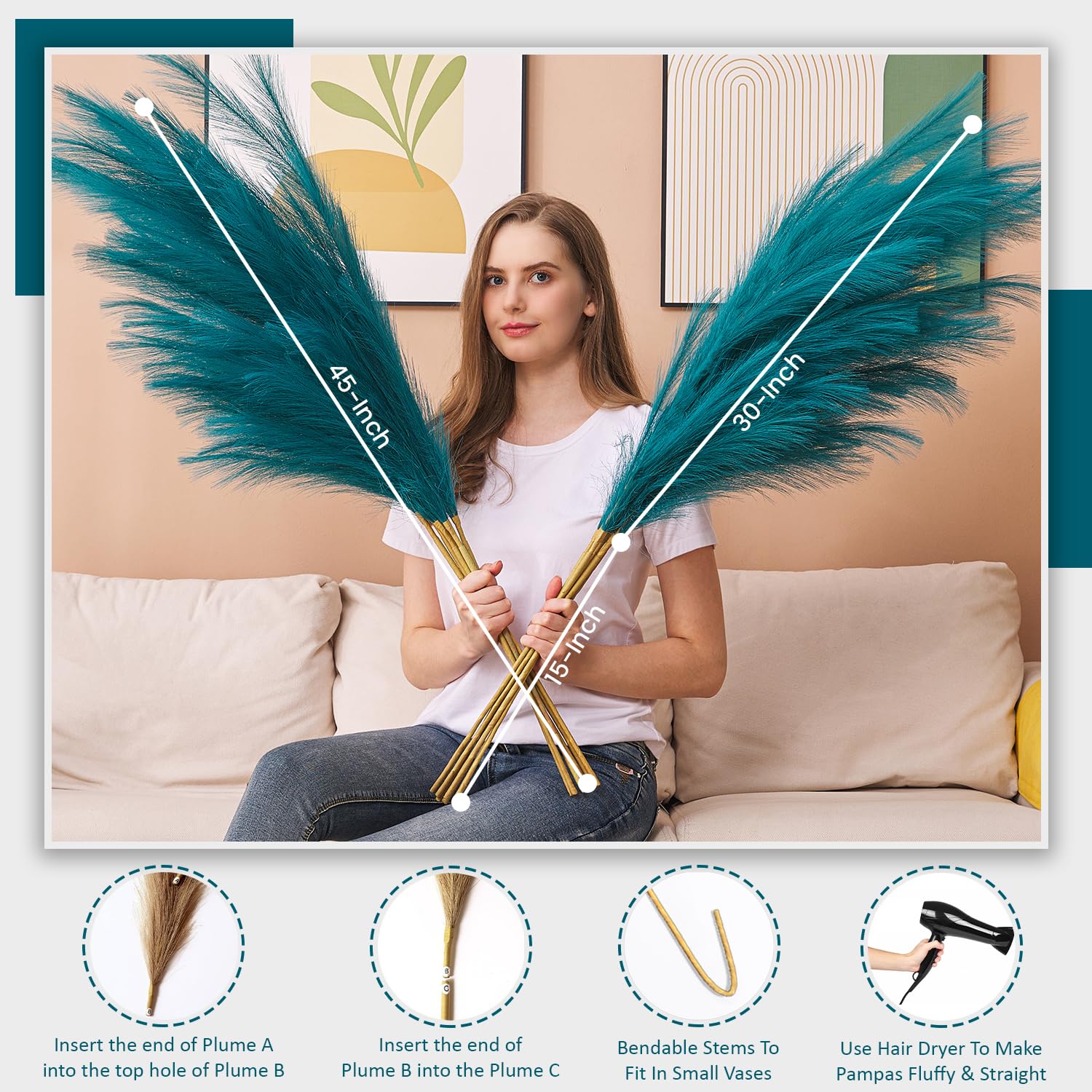Aurora Prime 7PCS Faux Pampas Grass-45 Inches/3.75ft Large Boho Decor Fluffy Artificial Pompas Grass Décor Tall Vase Filler for Home Wedding Decoration (Blue)