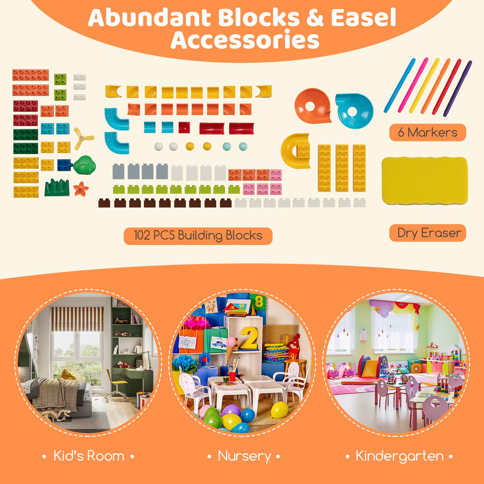 Costzon 6-in-1 Kids Table & Chair Set, Folding Art Easel w/Markers, Eraser, 102 Pcs Compatible Bricks, Reversible Building Block Tabletop, Storage Space & Baskets, Activity Table for Sand & Water