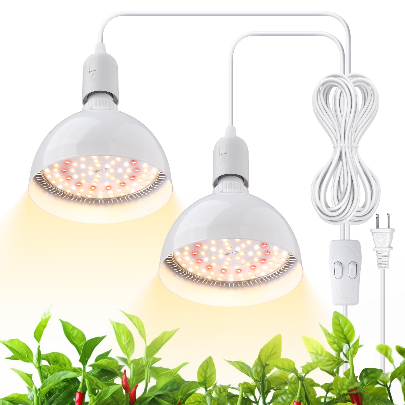 Barrina LED Grow Light Bulb, 50W Full Spectrum, with 16.4FT Power Cord, Hanging Grow Lights for Indoor Plants, Large Tall Plant, Garden, Flowers, Greenhouse, 2-Head