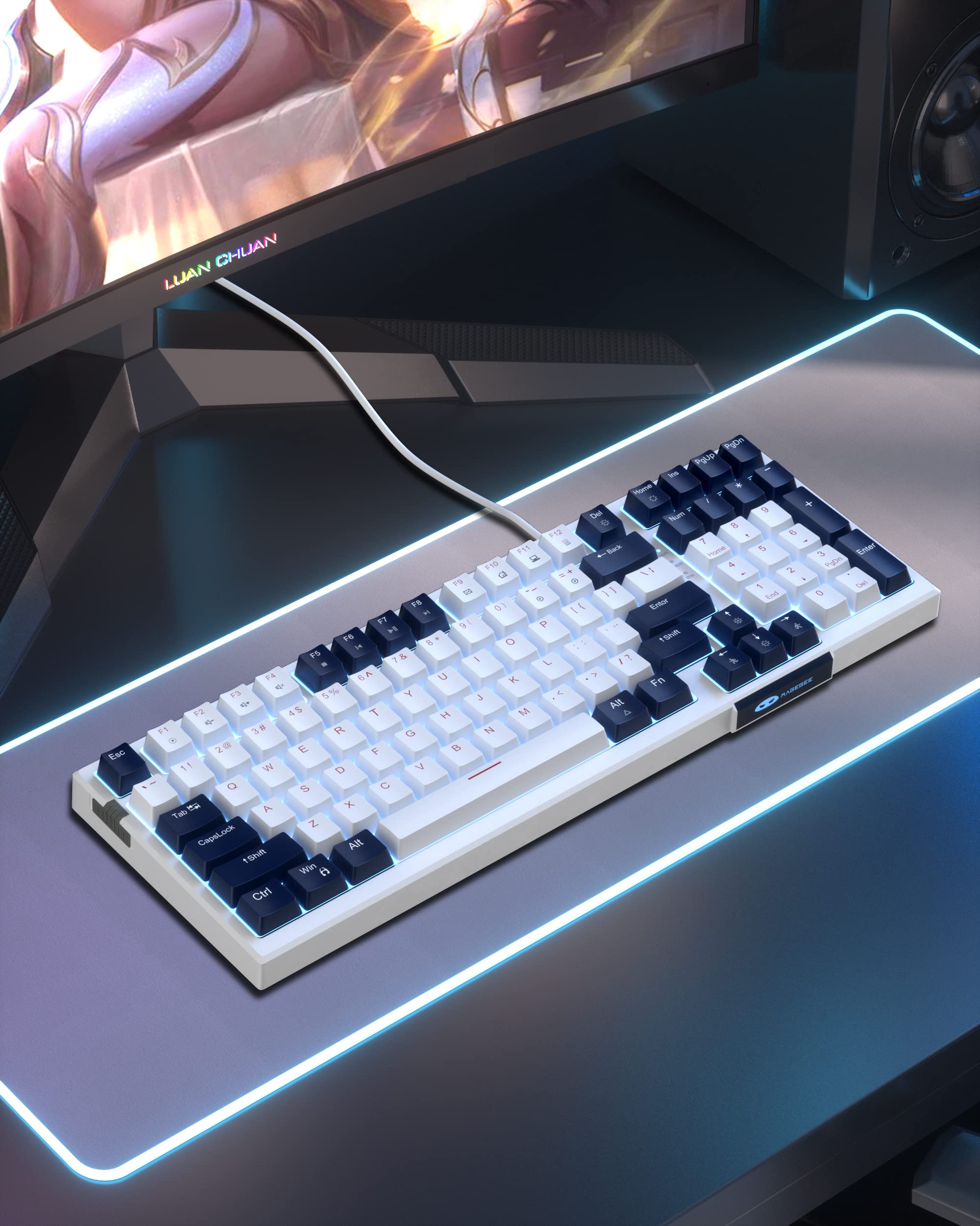 Compact 80% Mechanical Gaming Keyboard,Hot-Swappable Keyboard with 98-Key Design and 114 keycaps Anti-Ghosting Gaming/Office Keyboard with Blue Switches for Windows Mac PC, White & Blue