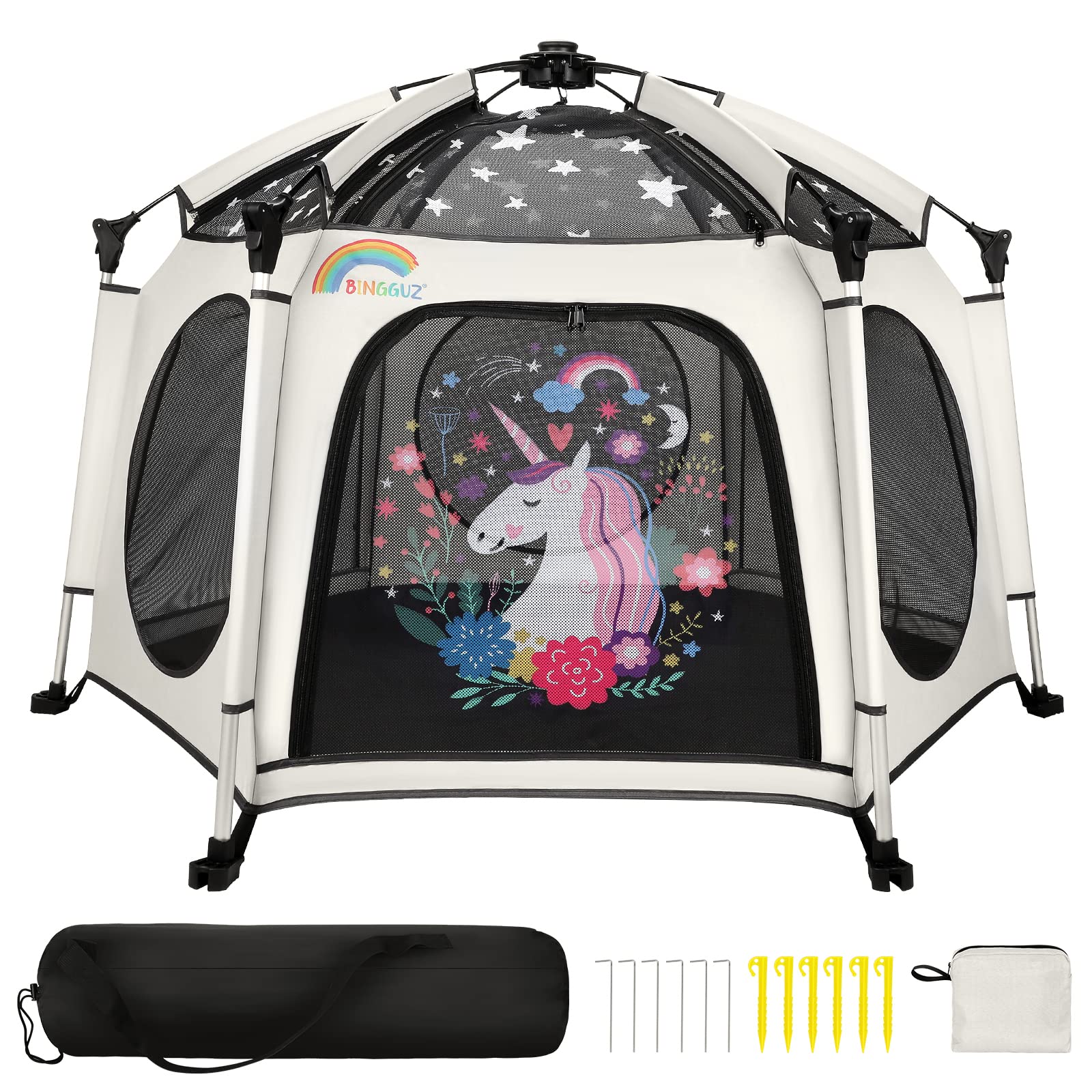 Baby Playpen for Babies and Toddlers, Indoor & Outdoor Portable Play Yard for Baby, Foldable Baby Beach Tent with Canopy and Travel Bag - Beige