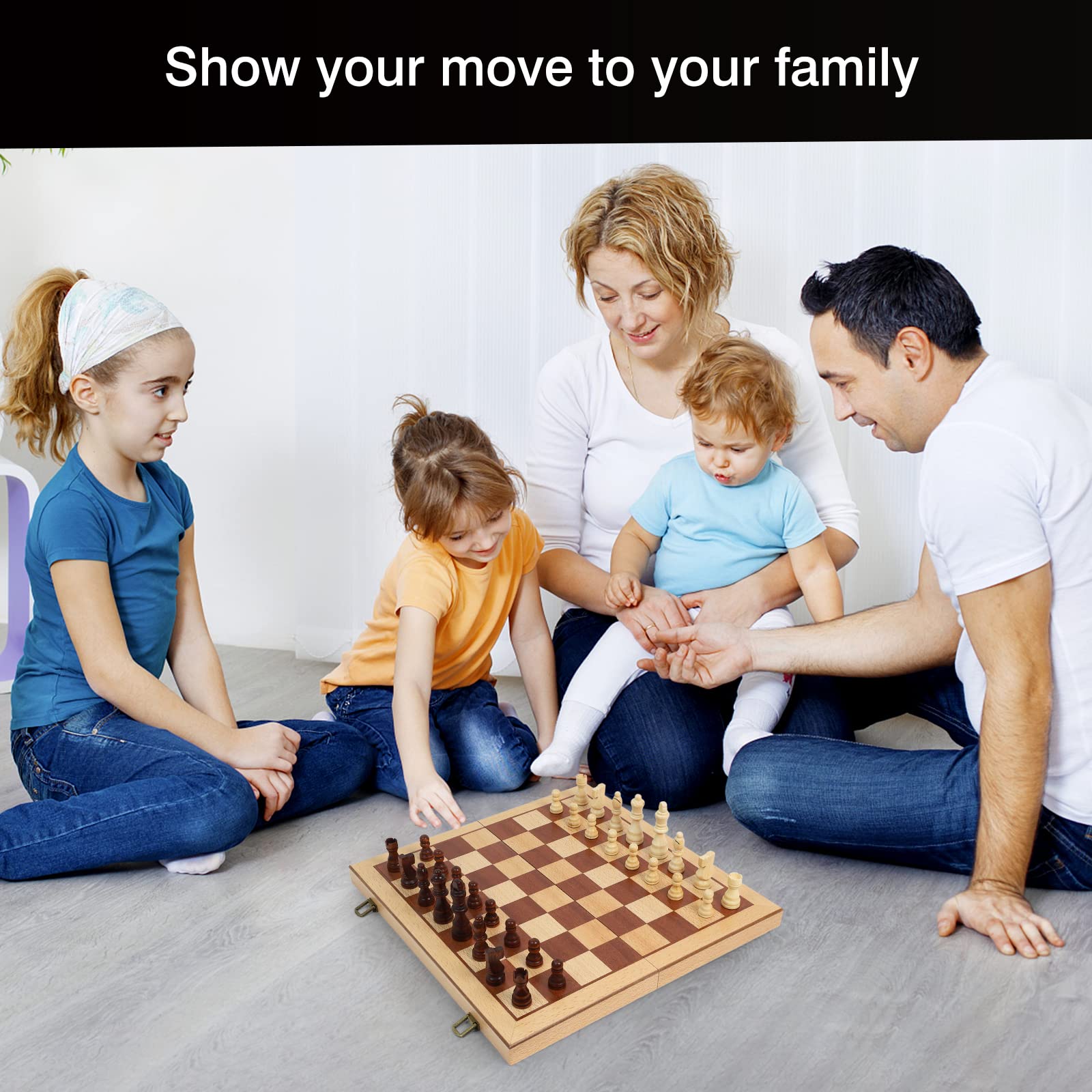 LEAP 15.5" Inches Wooden Chess Set with Wooden Checkers 2 Extra Queens - Folding Board, Portable Travel Chess Board Sets with Chess Pieces Storage Slots - All Age Chess Set for Adults and Beginner