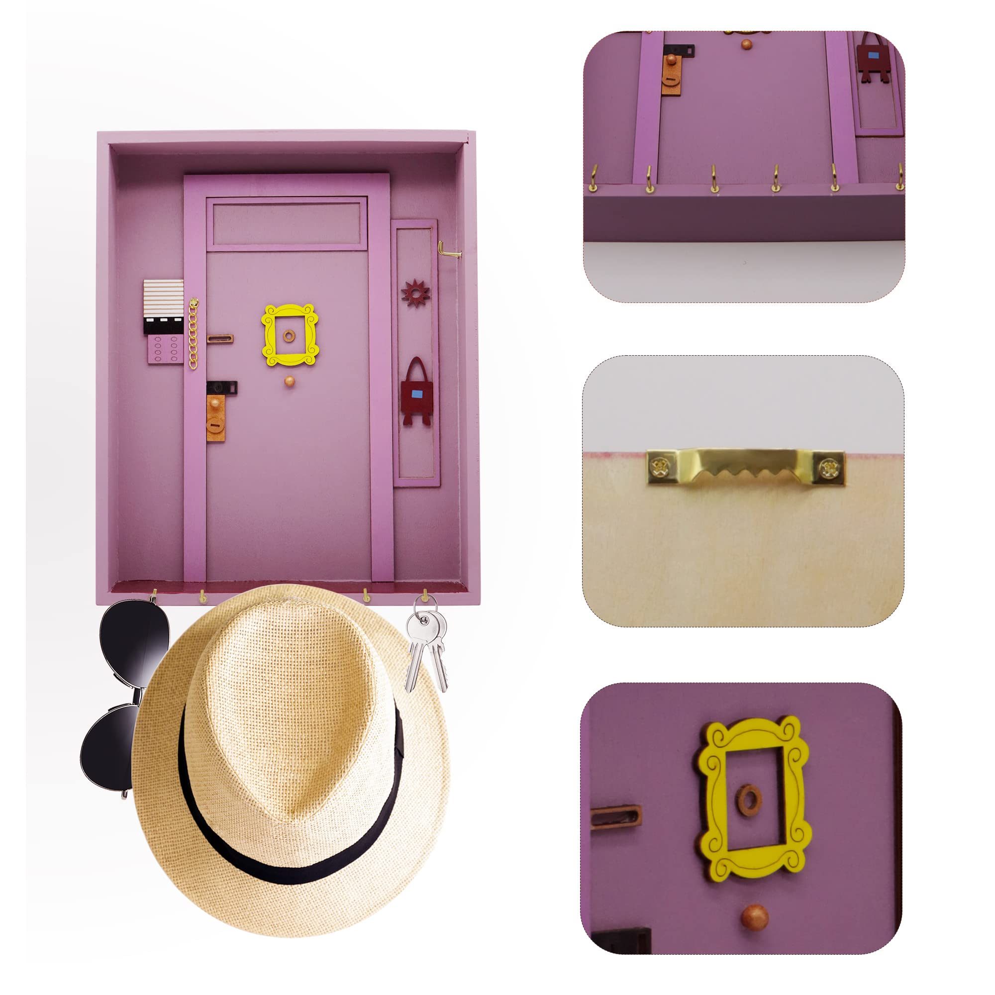 VUEJIC Friends Key Holder & Monica's Door Frame Keychain Cute Home Gift for TV Show Merchandise Lovers, Purple Handmade Home Decorative Wall, Organizer Mail Key Holder for Wall (Silvery Gift)