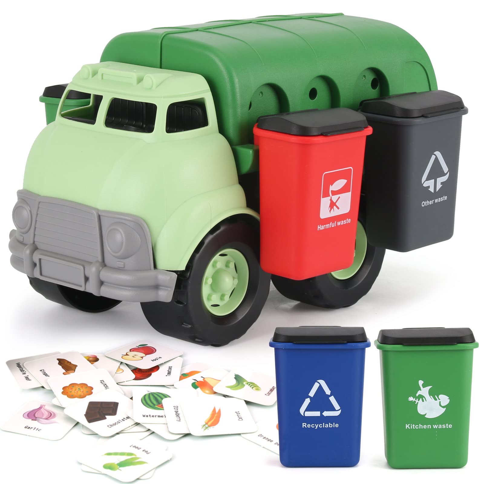 Liberty Imports Big Plastic Garbage Truck Toy, Waste Management Recycling Green Dump Vehicle with 4 Trash Cans and Recycle Sorting Cards for Little Kids, Toddlers