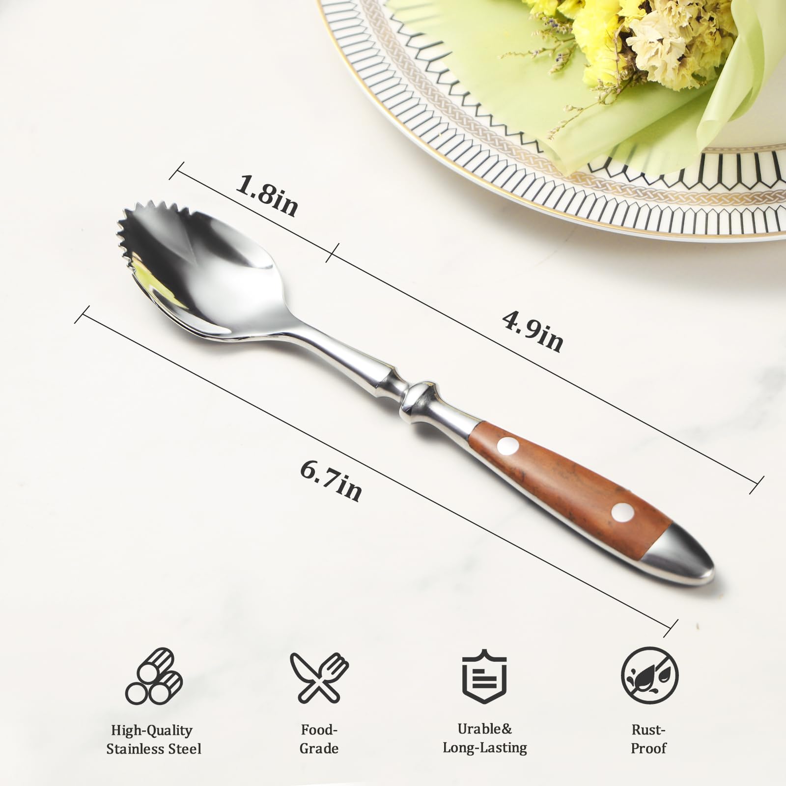 CherHome Grapefruit Spoons,4pcs Serrated Grapefruit Spoon Scoop,Premium Stainless Steel 18/8 Fruit Spoon Kiwi Spoon with Comfortable Bakelite Handle,For Any Citrus&Grapefruits,Wood Grain Handle