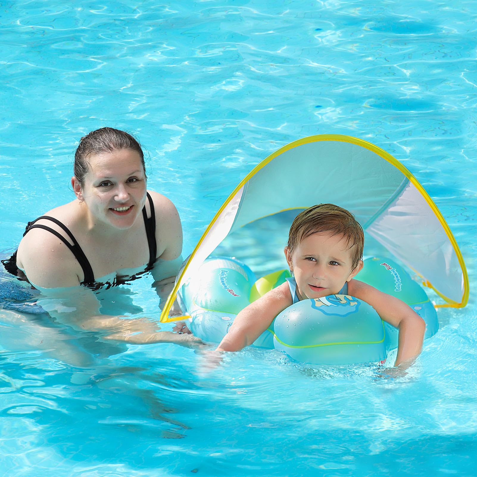 Free Swimming Baby Inflatable Baby Swim Float with Safe Bottom Support and Retractable Canopy for Safer Swim(New Version, L)