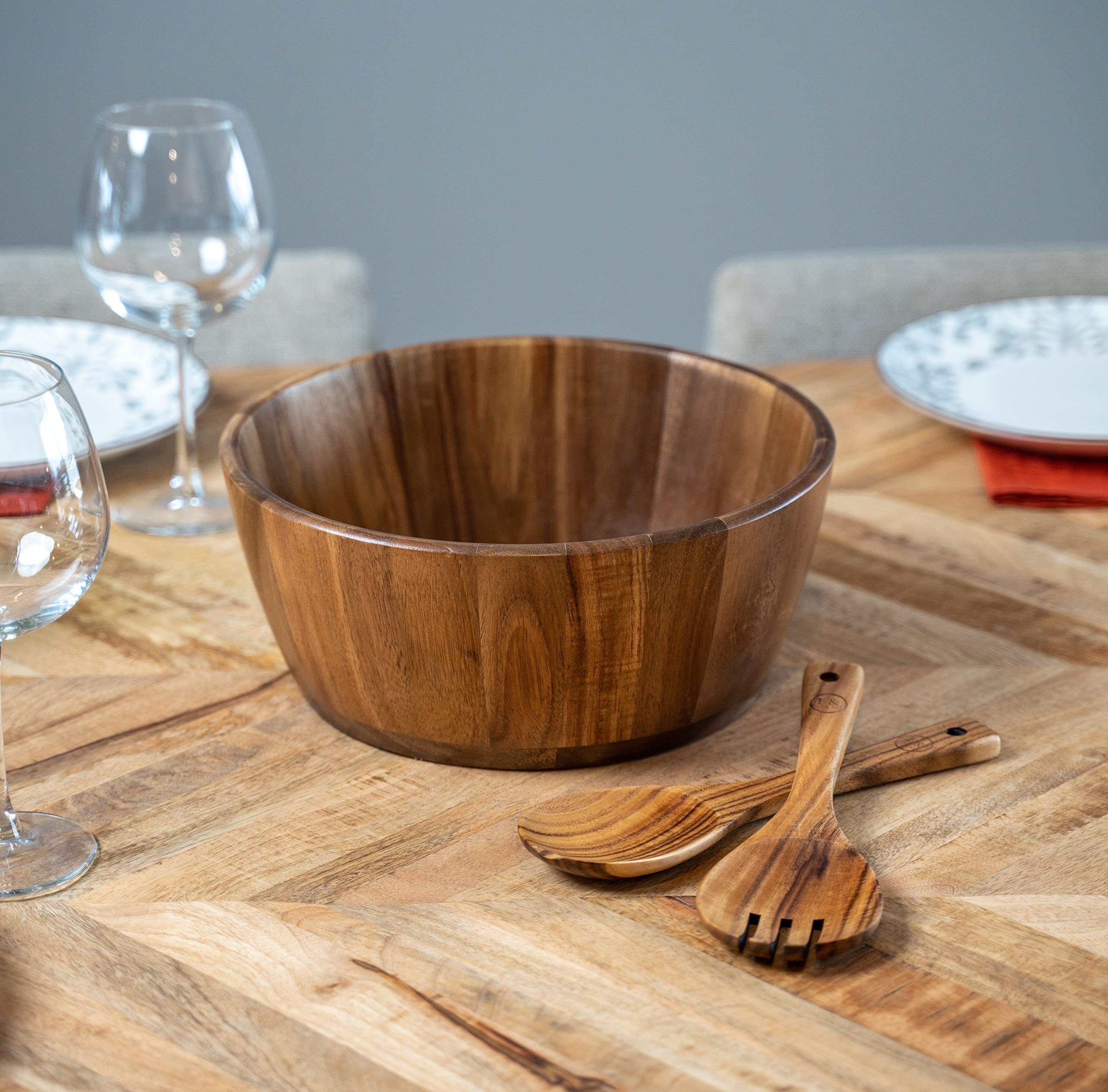 E&WES CO Large Solid Wood Salad Bowl Set 12-Inch Diameter With Wooden Utensils Spoon And Fork - Bowls Great For Mixing