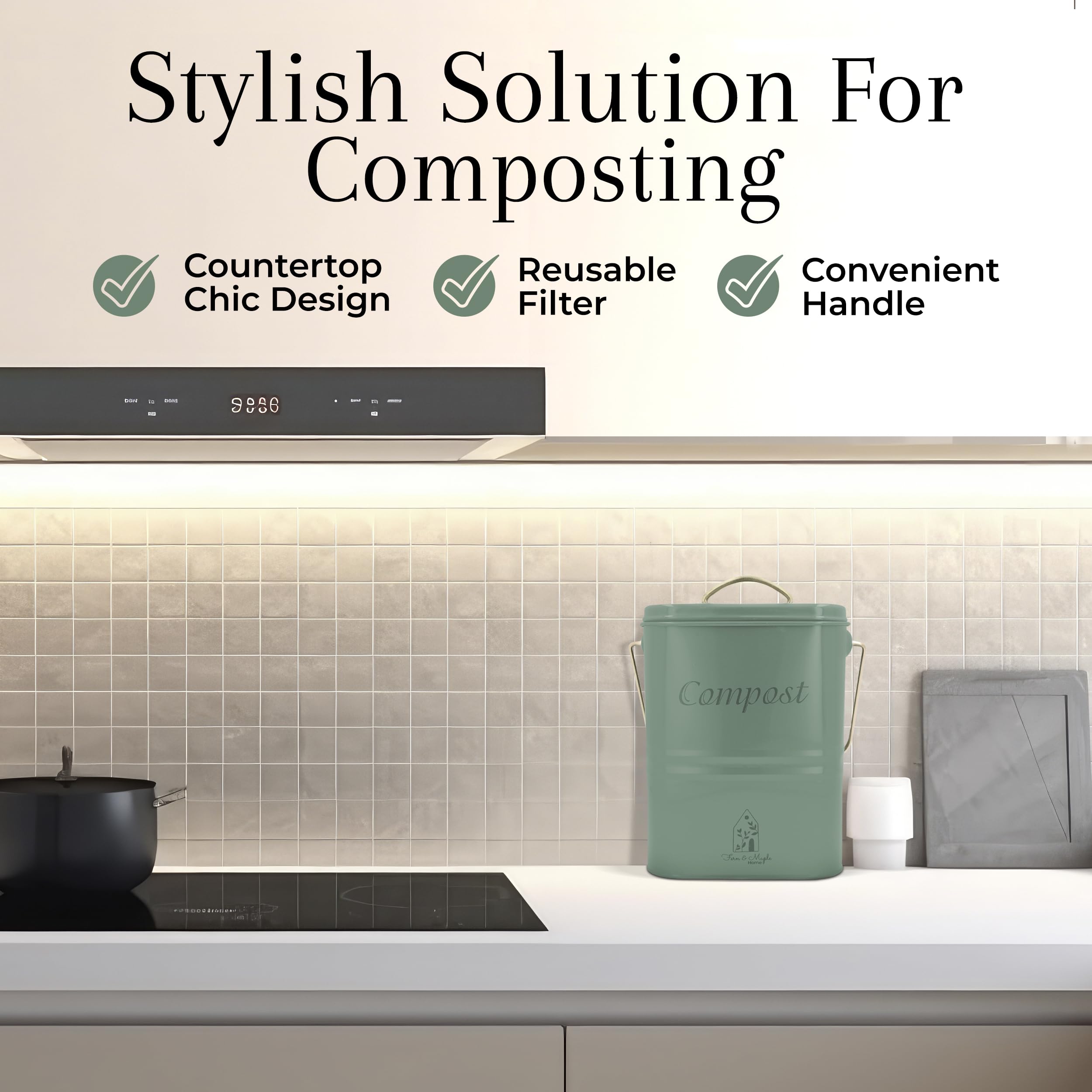 Compost Bin Kitchen Counter – 1 Gal with Lid & 3 Charcoal Filters, Small Square Countertop Composting Bin Fits Against Wall - Space Saving for Food Scraps, Odor-Free Countertop Compost Bucket