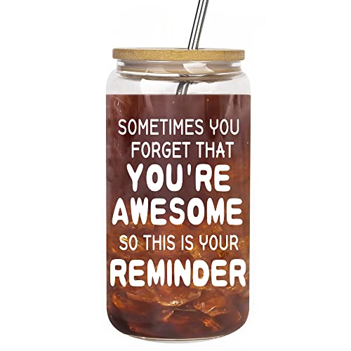 Birthday Gifts for Women Men - Iced Coffee Glass with Bamboo Lid and Straw, Thank You Gifts for Best Friend Coworker Boss Lady, Her, Daughter, Inspirational Appreciation Drinking Can Shaped Cup