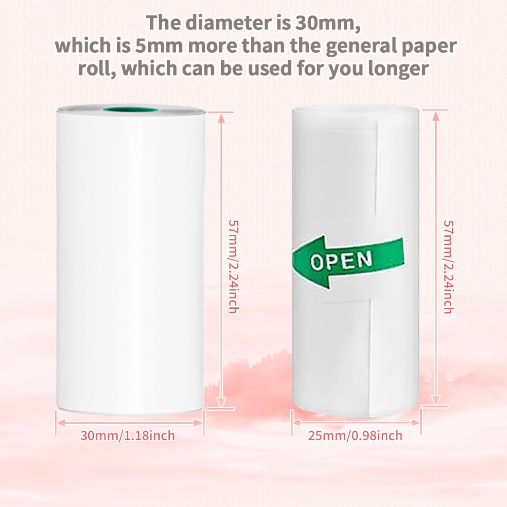Greateam 57x30mm Thermal Sticker Paper Rolls Mini Printer Stickers for Study Notes Pictures and DIY, 6 Rolls Mini Inkless Thermal Printer Sticker Paper, Black on White