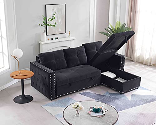 Cotoala 91" 91'' Velvet Reversible Sleeper Sectional Sofa, L-Shape 3 Seat Convertible Couch with Storage and Pull Out Bed, Button Tufted Nail Head Trim, Living Room Furniture, Black
