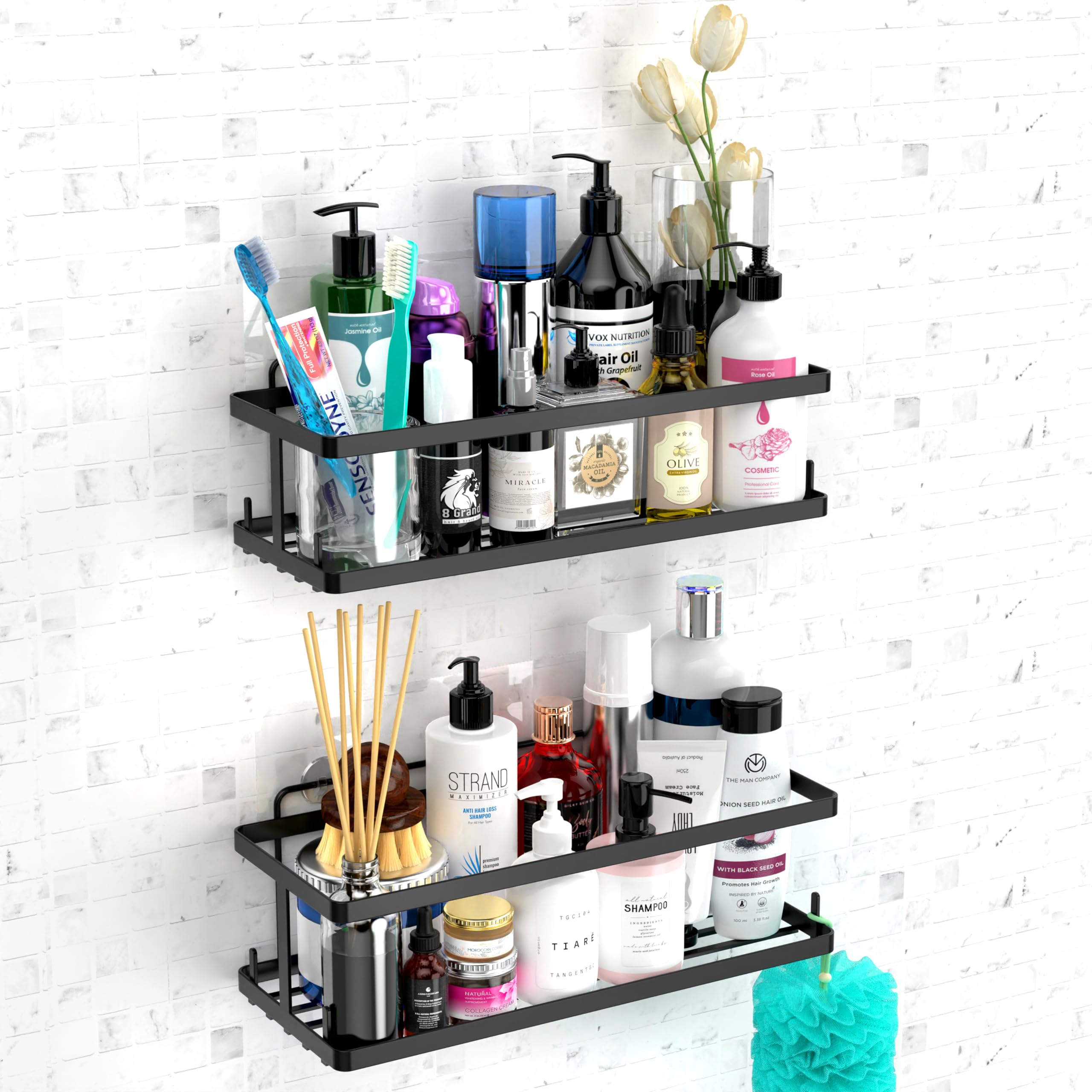 Comelyjewel 6 Pack Bathroom Adhesive Shower Shelves for Tile Wall Toiletry Kitchen Organizer and Large Capacity Bathtub Essentials Wall Rack Suction Shower Caddy for Inside Shower Storage
