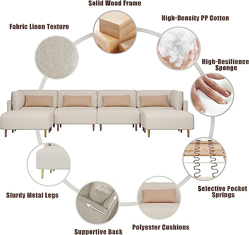 MGH 143''Convertible Sectional Sofa , Modern Linen Fabric U-Shape Modular Couch 4-Seat Sofa Sectional with Reversible Ottomans for Apartment Living Room Furniture Sets, Beige (HQ-023B)