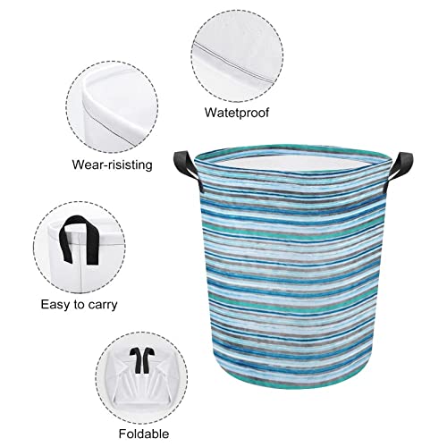 Collapsible Laundry Baskets Ocean Dye Wave Strips Waterproof Laundry Hamper with Handles Teal Blue Round for Dirty Clothes,Kids Toys,Bedroom,Bathroom