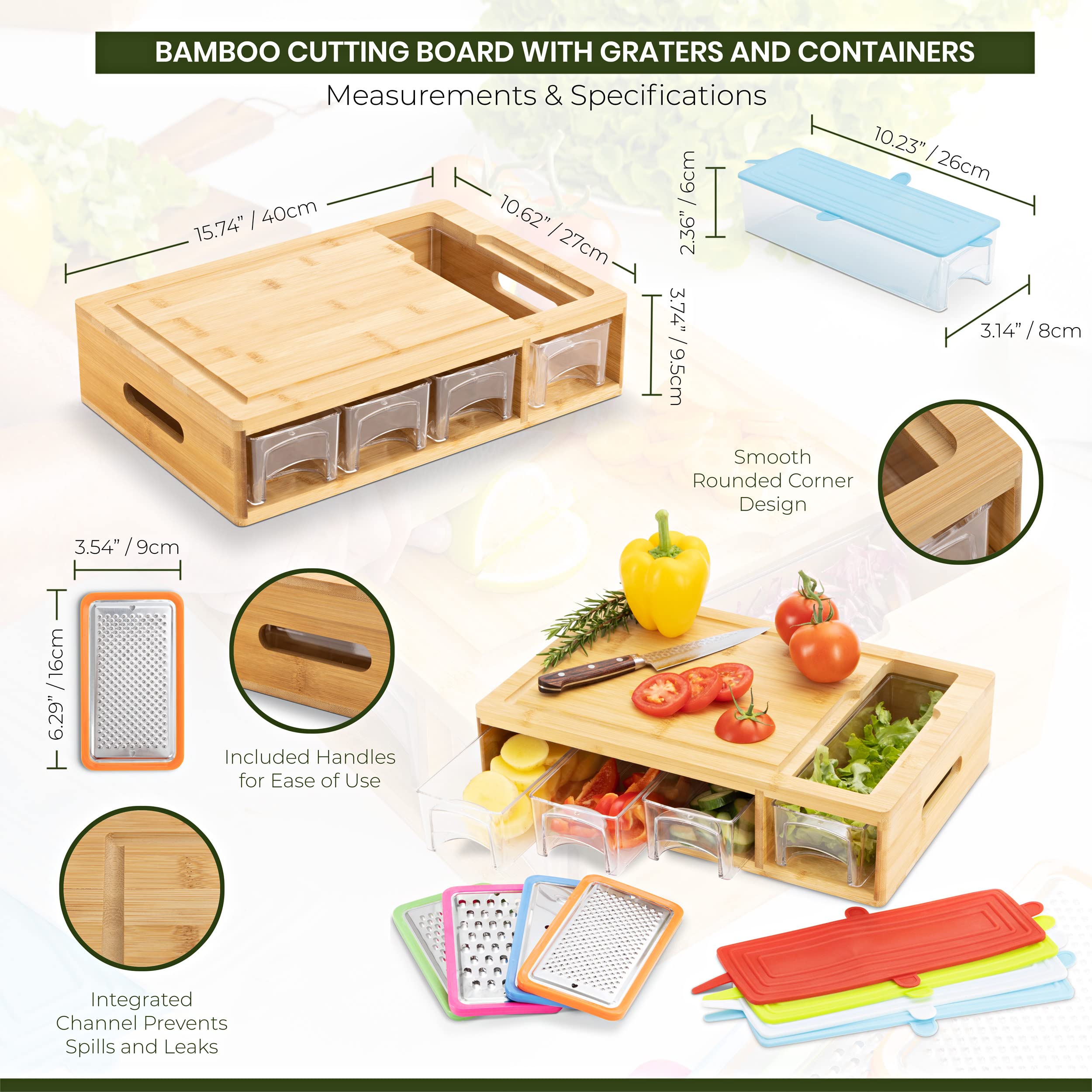 Bamboo Cutting Board With Containers - Multifunctional With Trays, Lids, Juice Groove, Graters, Save Space For Organised Kitchen, Makes Food Prep Quick And Easy
