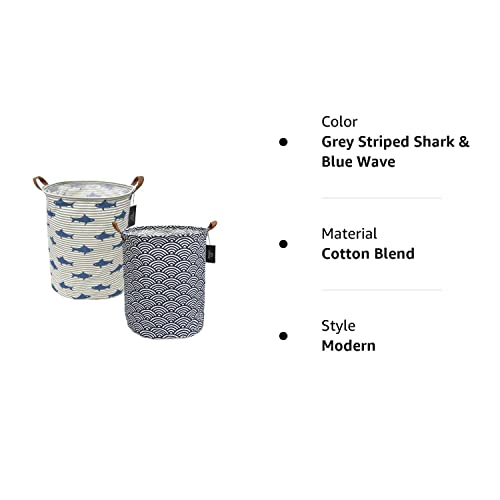 Collapsible Laundry Basket - GodenMoninG 2X 62.8L Large Sized Round Waterproof Storage Bin with Leather Handles,Home Decor,Toy Organizer,Children Nursery Hamper.(2 PACKS,Grey Striped Shark & Blue Wave)
