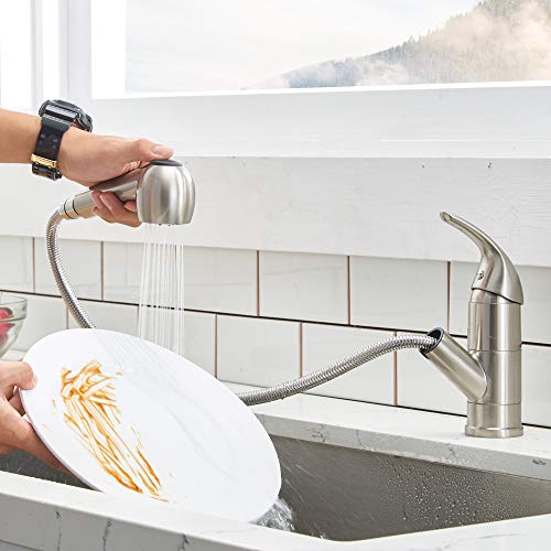 Comllen Commercial Brushed Nickel Stainless Steel Small Single Handle Rv Pull Out Kitchen Sink Faucet, Single Lever Pull Down Prep Kitchen Faucets with Sprayer Bar Facuet