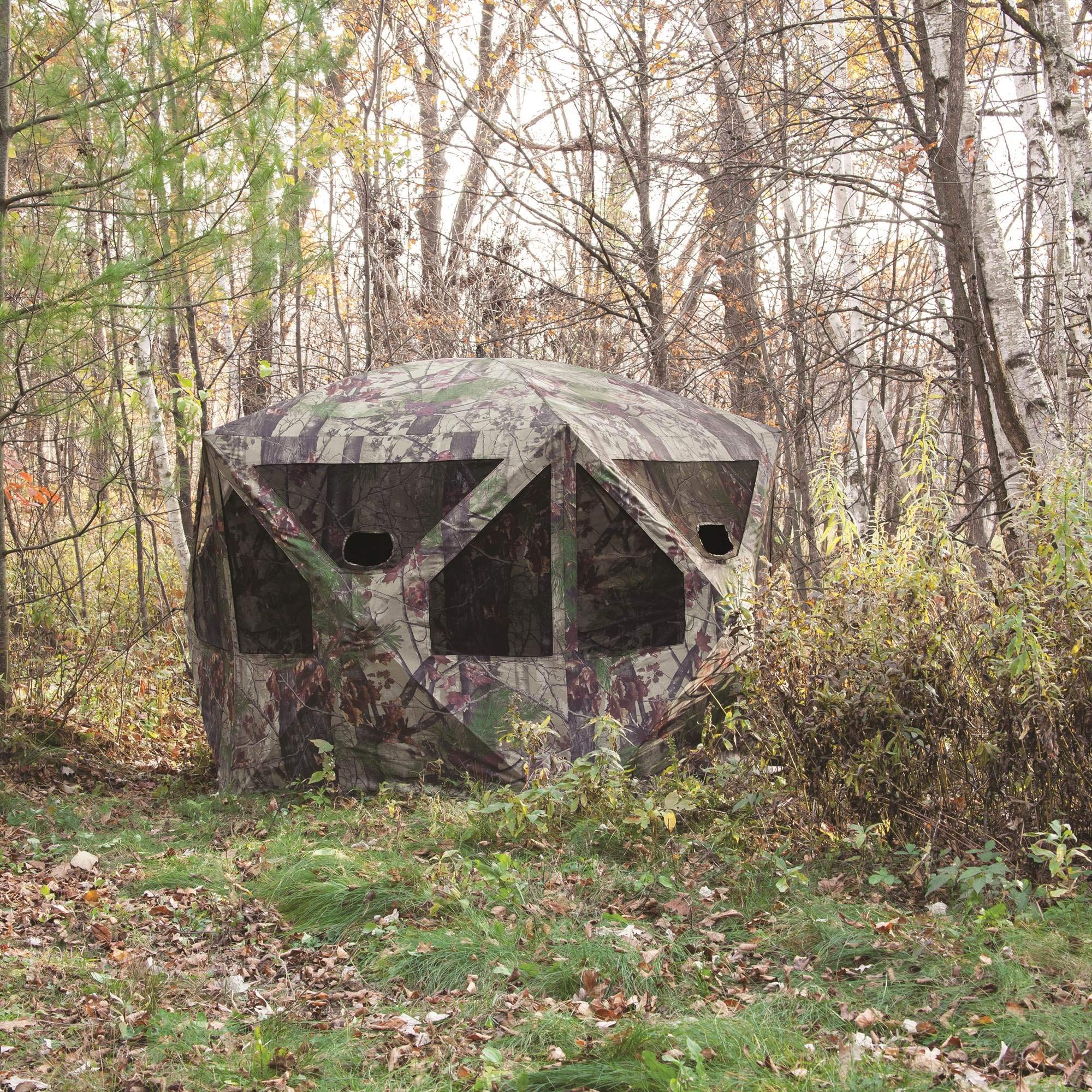 Barronett Blinds Pentagon 4 Person Portable Pop-Up Deer and Turkey Hunting Blind with Low Profile Windows and Gun Ports, Backwoods Camo (2 Pack)