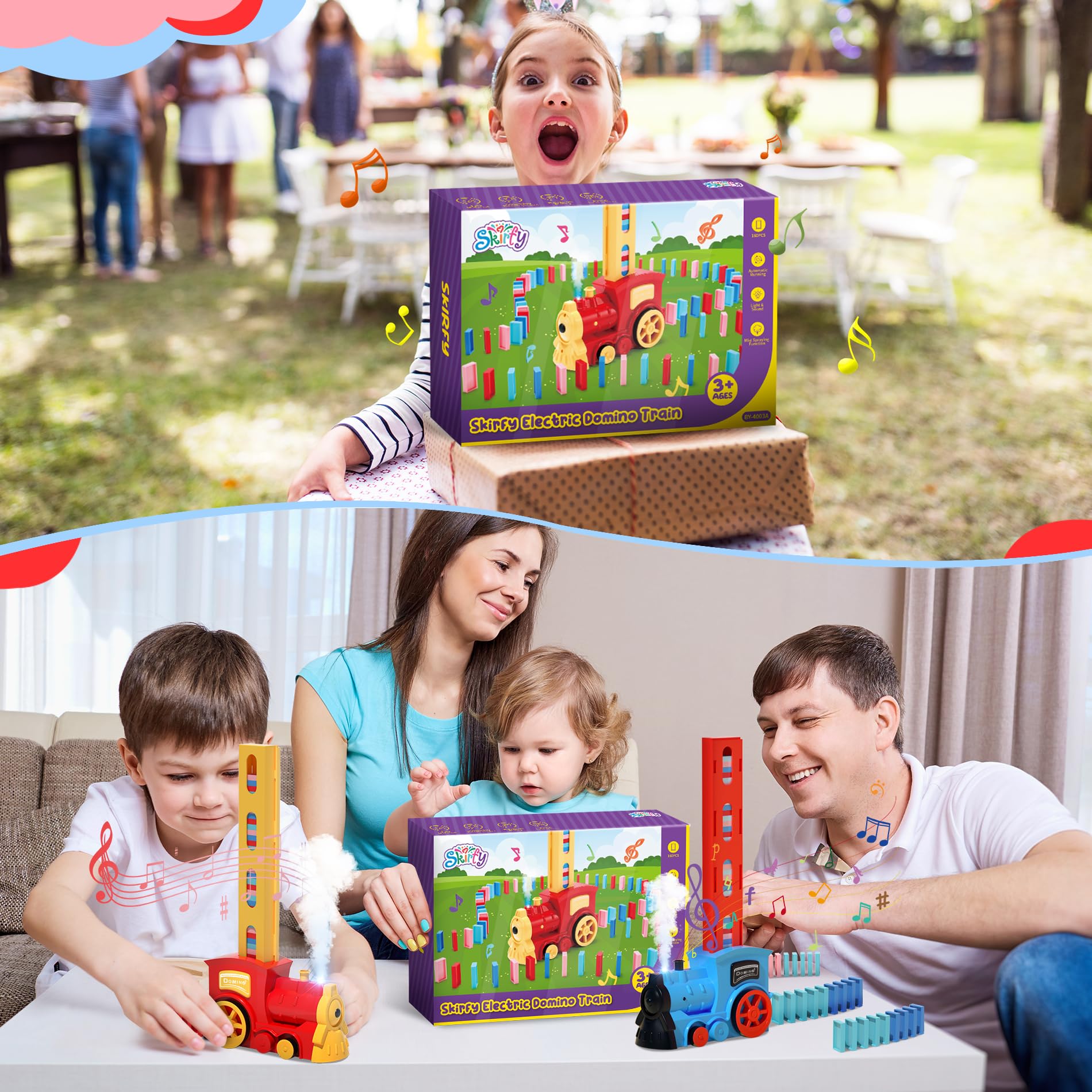 Skirfy Birthday Gift Kids Toys Dominoes Train Set- 160PCS Domino Blocks Set Automatically Run with Real Steam Function, with Lights and Sound,Creative Toys for Kids Aged 4-8 with Storage Bag