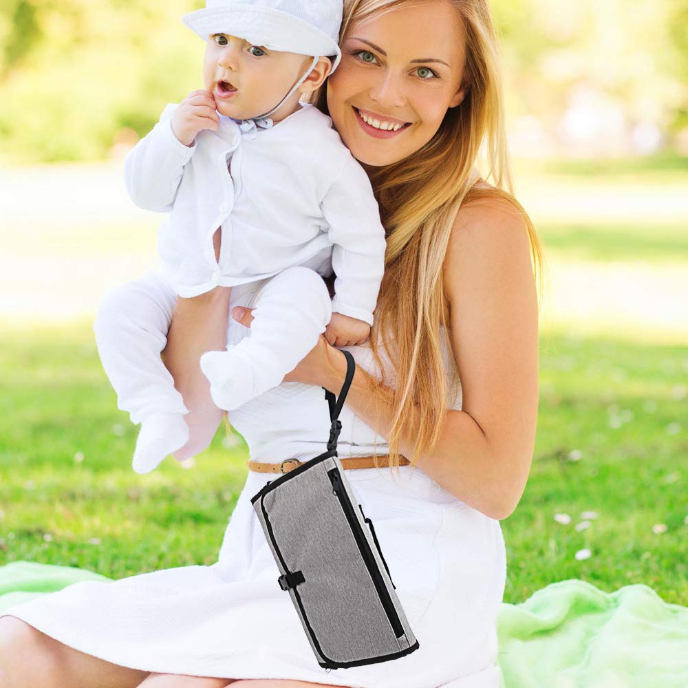 Baby Portable Changing Pad, Waterproof Diaper Bag, Travel Mat Station Built-in Head Cushion and Pockets Grey Large