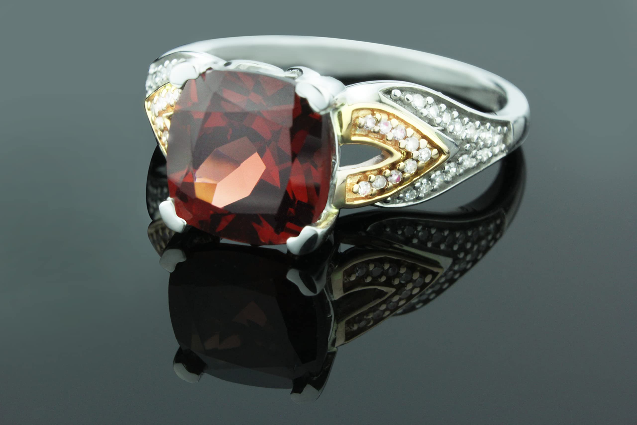 Belantina Heartland By Beverley Mitchell 10K Rose Gold with .925 Sterling Silver Cushion Cut Garnet & Diamond Accented Two Tone Flared Band Statement Ring