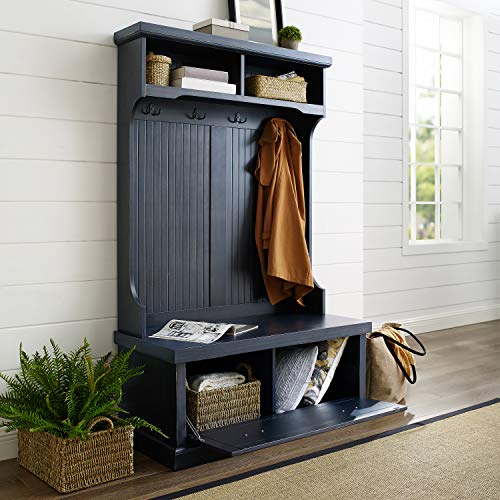 Crosley Furniture Seaside Hall Tree, Entryway Bench with Coat Rack and Shoe Cabinet, Distressed Navy