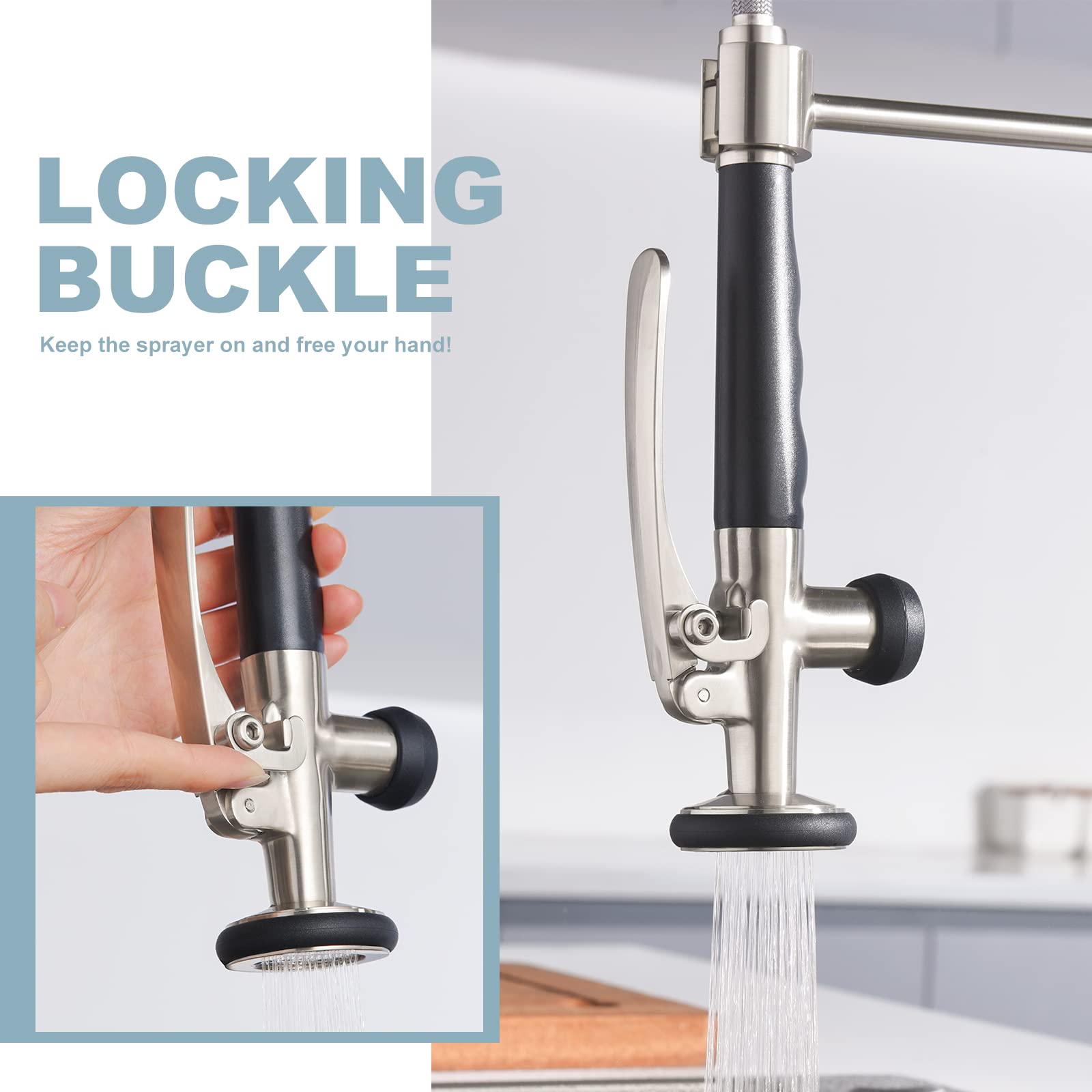 Commercial Kitchen Faucet with Pre-Rinse Sprayer, WOWOW Solid Brass Commercial Restaurant Faucet 1 or 3 Hole Spring Kitchen Faucet with Deck Plate, Brushed Nickel