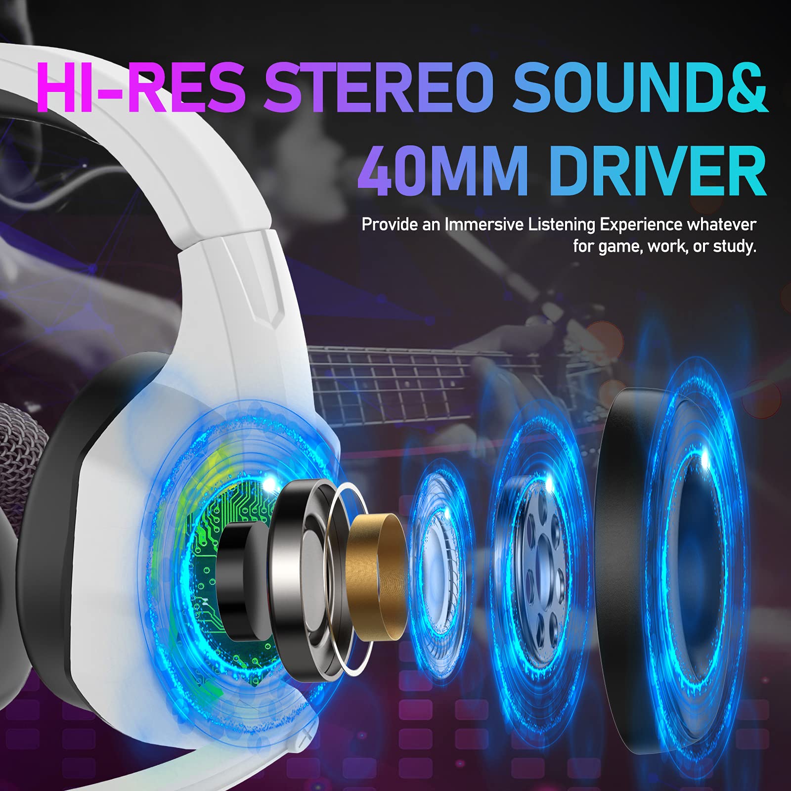 Wired Gaming Headset with Rainbow RGB Backlight Retractable Noise Isolating Microphone Stereo Sound Deep Bass Memory Foam Earmuff Over Ear Headphone for PS4 Xbox One Switch PC Mac Gamer Music (White)