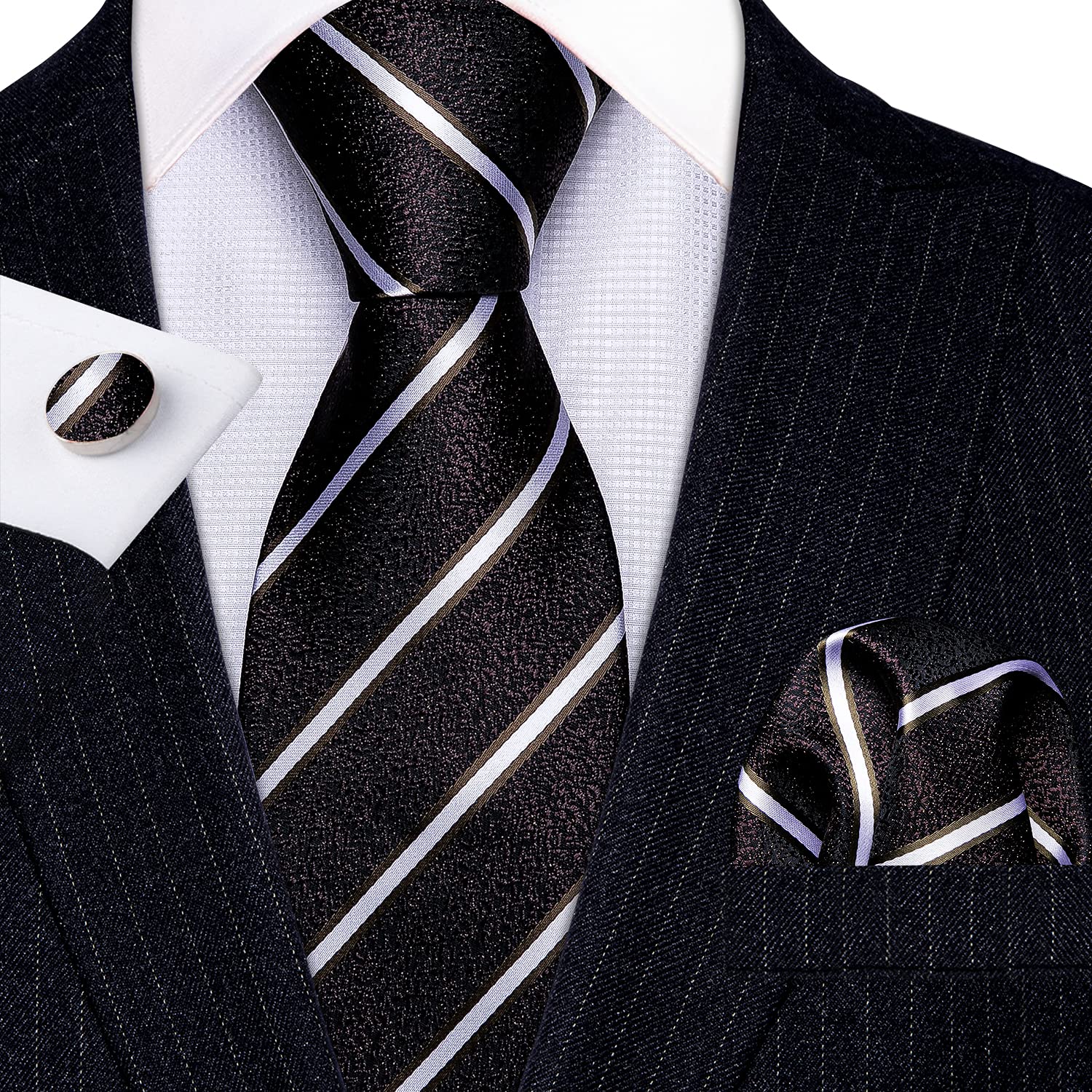 Barry.Wang Men Tie Classic Silk Gift Necktie With Tie Clip Jacquard Woven Neck Ties 6PCS Formal Wedding (Stripe Blue)