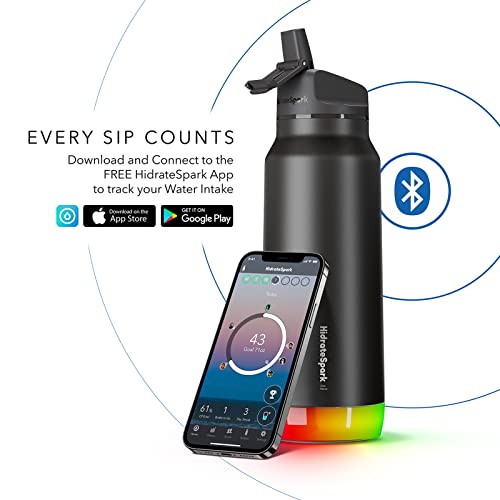 Hidrate Spark PRO Smart Water Bottle β Insulated Stainless Steel β Tracks Water Intake with Bluetooth, LED Glow Reminder When You Need to Drink β Straw Lid, 32oz, Black