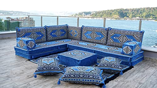 Blue Arabic Floor Cushions, Corner Oriental Floor Seating Sofa, Turkish Home Decor, Arabic Majlis Floor Sofas, Floor Couch, Bench Cushion (L Sofa Full Set, 8'' Thickness (20 cm))