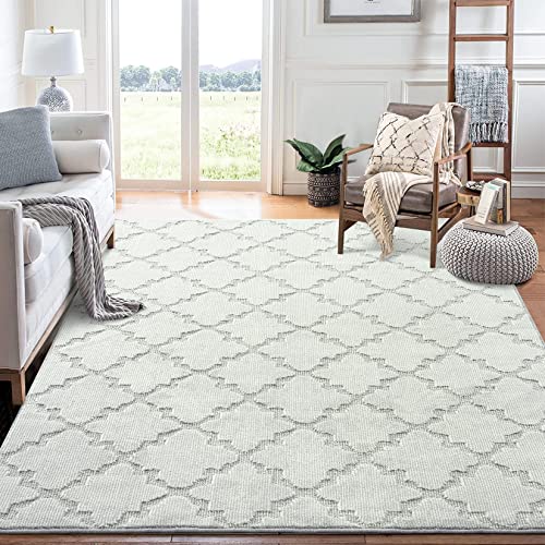 JOLENE.K 8x10 Large Shag Bedroom Rug, Untra Soft Solid Lattice Rug, Tufted Modern Geometric Area Rug Non-Shedding, Non Slip Moroccan Area Rug, Indoor Living Room Area Rugs, Grey 8'x10'