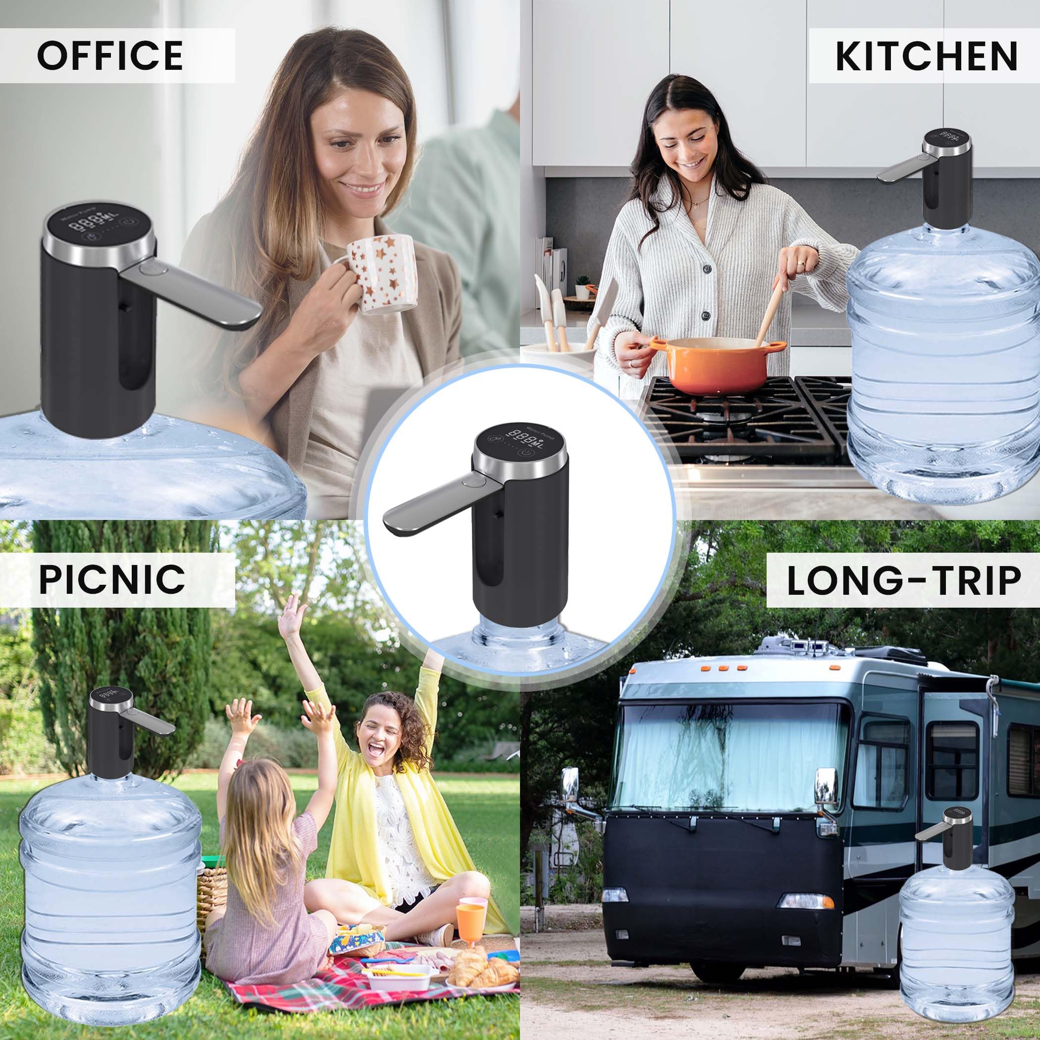 KIARYUOLL Water Dispenser for 5 Gallon Bottle, Rechargeable Water Pump - Foldable Water Spout for 5 Gallon Bottle, Long-Lasting,Smart LED Display, Portable Water Dispenser for Home & Outdoor (Black)