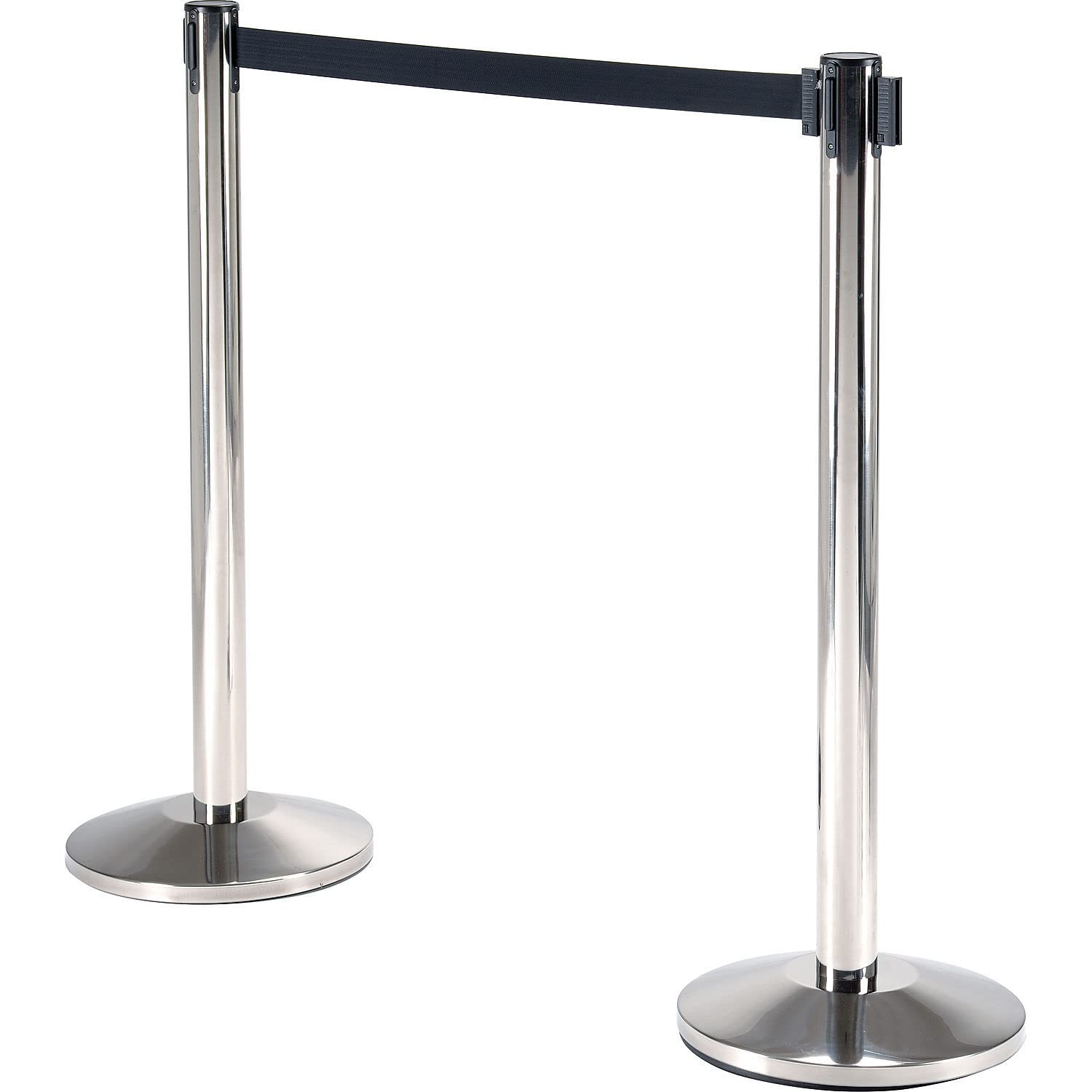 Global Industrial Retractable Belt Barrier, 40" Stainless Steel Post, 10' Black Belt, Lot of 2