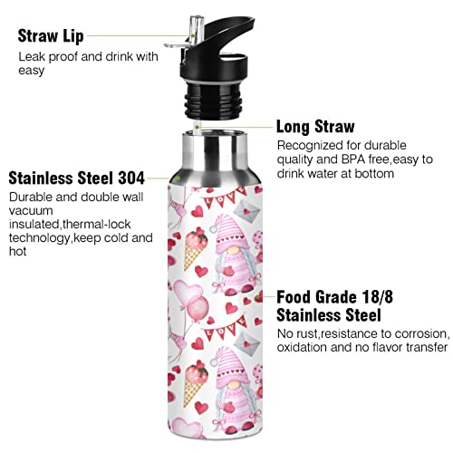 Cute Valentine Gnomes Insulated Water Bottle with Straw Lid Stainless Steel Vacuum Bottles with Handle for Hiking Camping 20 oz BAP-Free