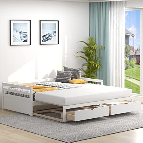 DORTALA Twin to King Daybed with Trundle and 2 Storage Drawers, Modern Extendable Daybed with Pull Out Bed Twin, Dual-use Sofa Bed for Bedroom, Guest Room, Living Room, No Box Spring Required, White