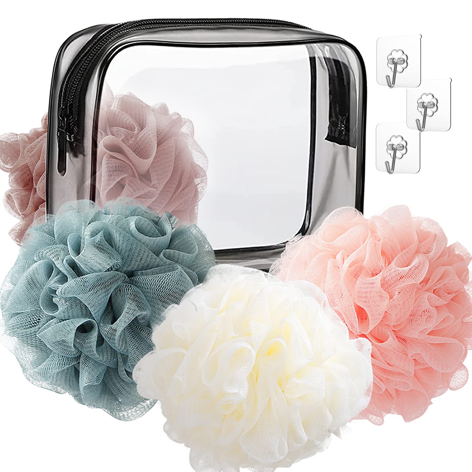 Bath Sponge with Hook, 4 Pack Shower Loofah Soft Mesh Shower Puff Body Wash Loofah Sponge Exfoliating Scrubber, Beauty Bathing Accessories