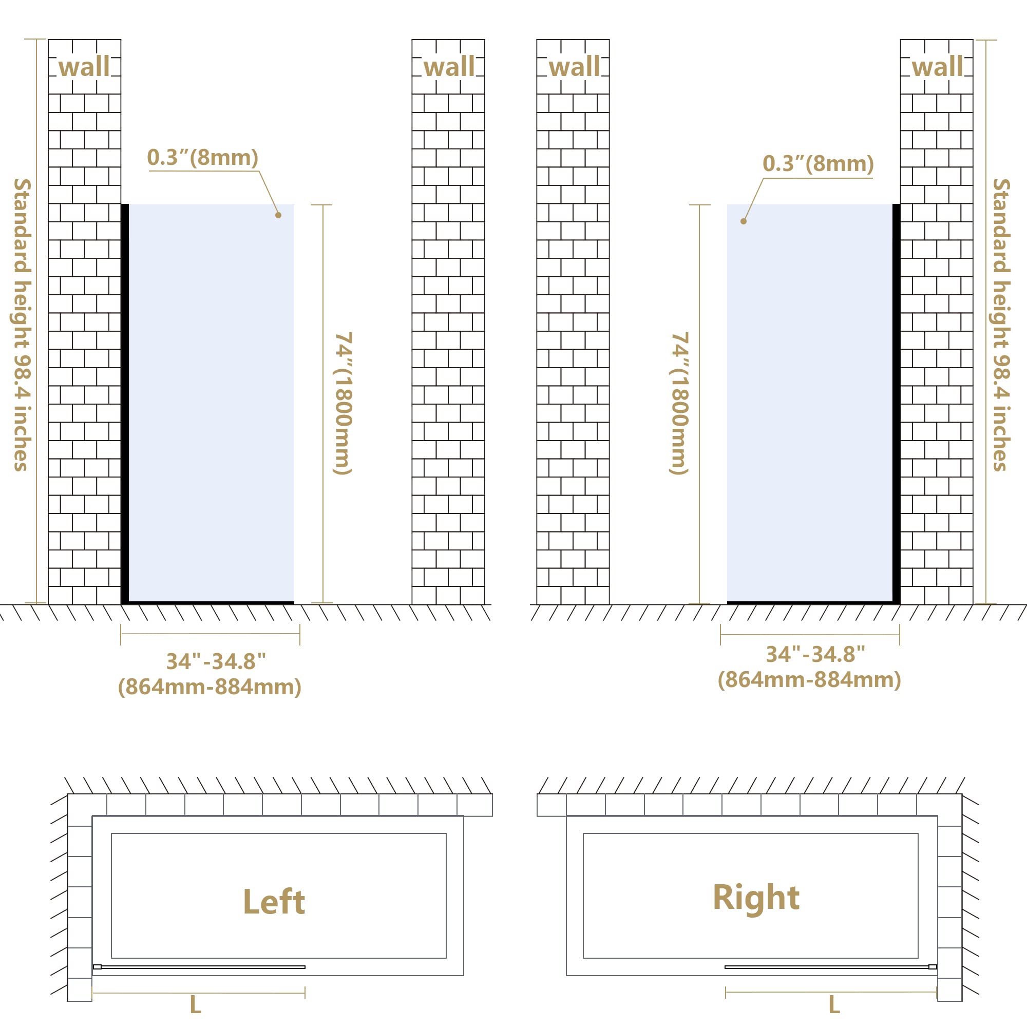 Bathroom Shower Door Screen, 34 in. W x 74 in. H Single Panel Frameless Shower Screen with Tempered Glass, for Bathroom and Bathtub, Clear Shower Door Screen with Matte Black Rods