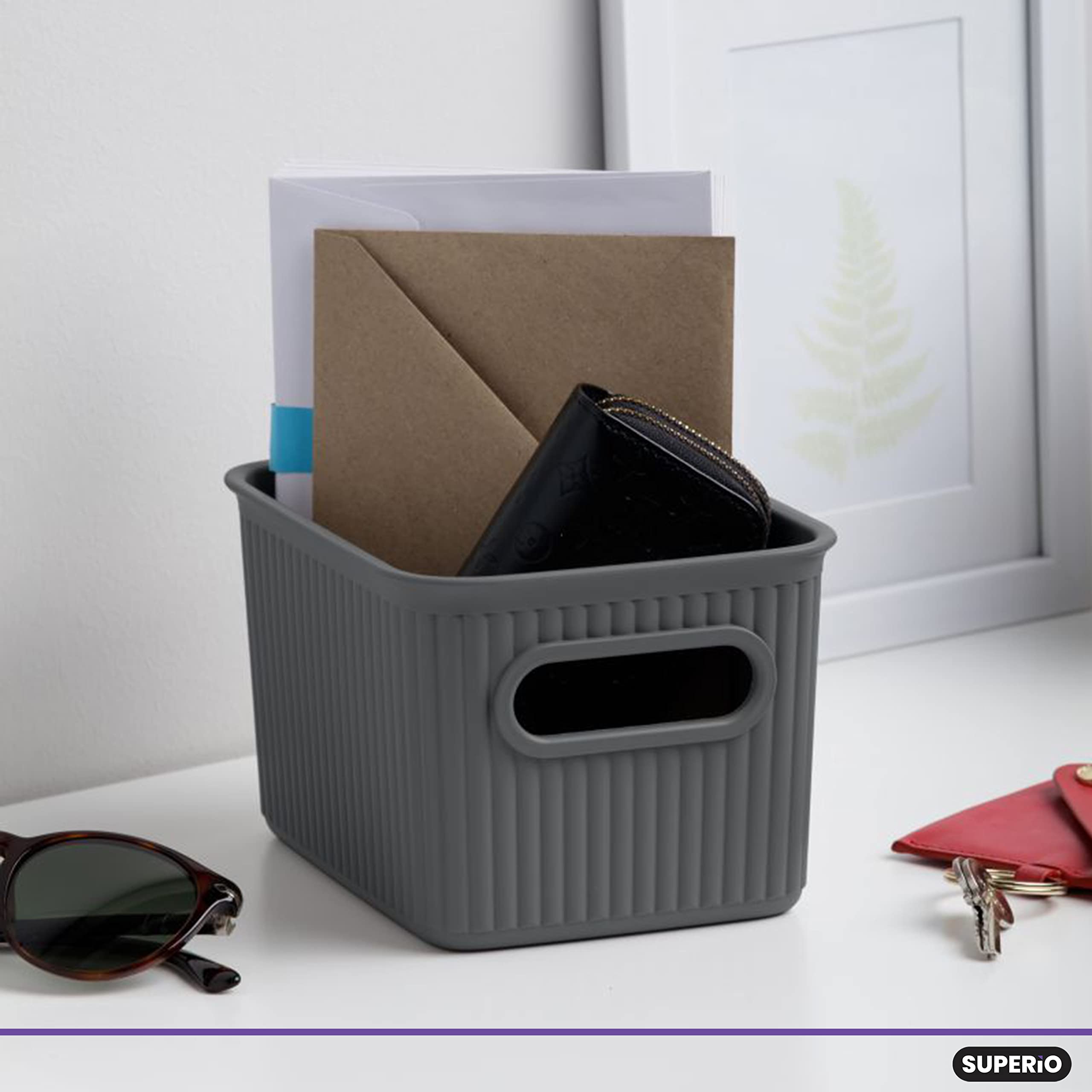 Superio Ribbed Collection - Decorative Plastic Open Home Storage Bins Organizer Baskets, Small Grey (2 Pack) Container Boxes for Organizing Closet Shelves Drawer Shelf 1.5 Liter