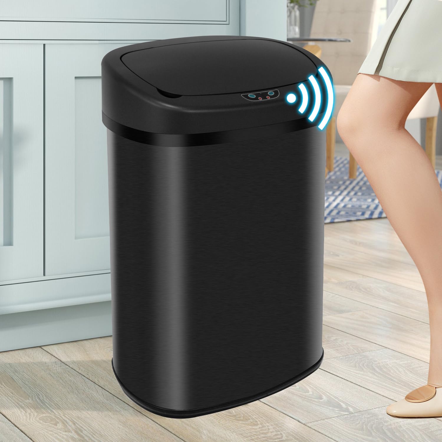 BLKMTY 13-Gallon Kitchen Trash Can 50L Stainless Steel Garbage Can Tall Automatic Trash Bin Touchfree Trash Cans Motion Sensor Garbage Bin Metal Waste Bin with Lid for Office Bathroom, Black
