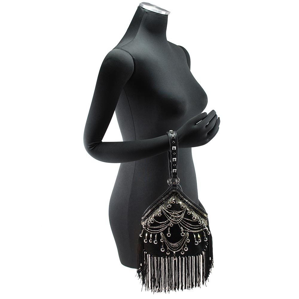 Mary Frances Swag Embellished Leather Wristlet Handbag, Black