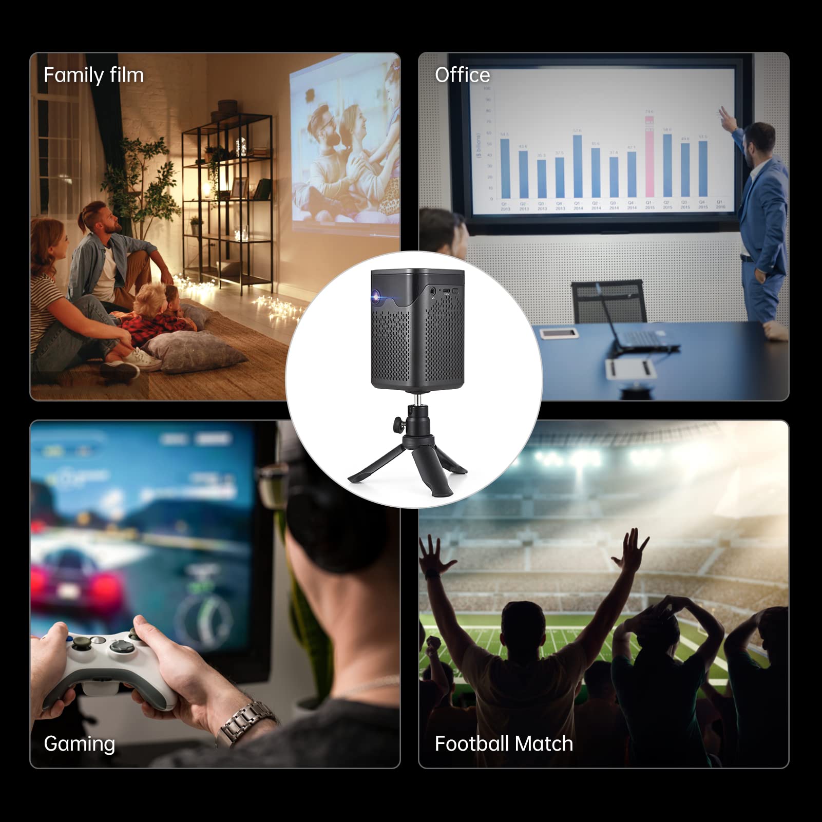 BISOFICE 3-IN-1 Mini Projector with WiFi and Bluetooth, 4K 1080P 150 ANSI Lumen DLP Android TV 9.0 Smart Portable Projectors, 3W Speaker, Auto-Vertical Keystone for Home, Outdoor with Remote Control