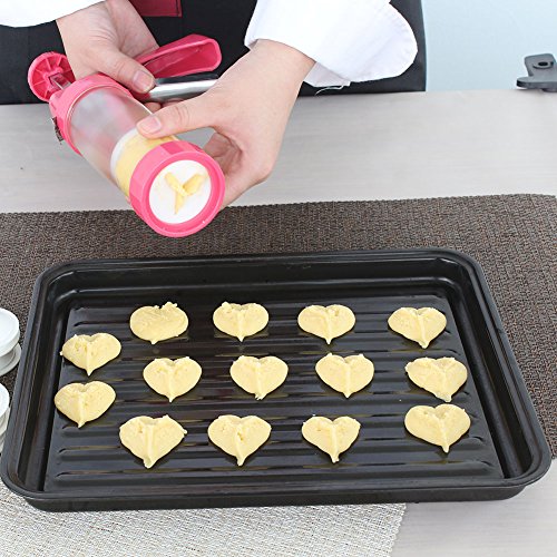 Cambom Clear Cookie Press Gun Kit with 16 Discs and 6 Icing Tips for DIY Biscuit Maker and Decoration Red