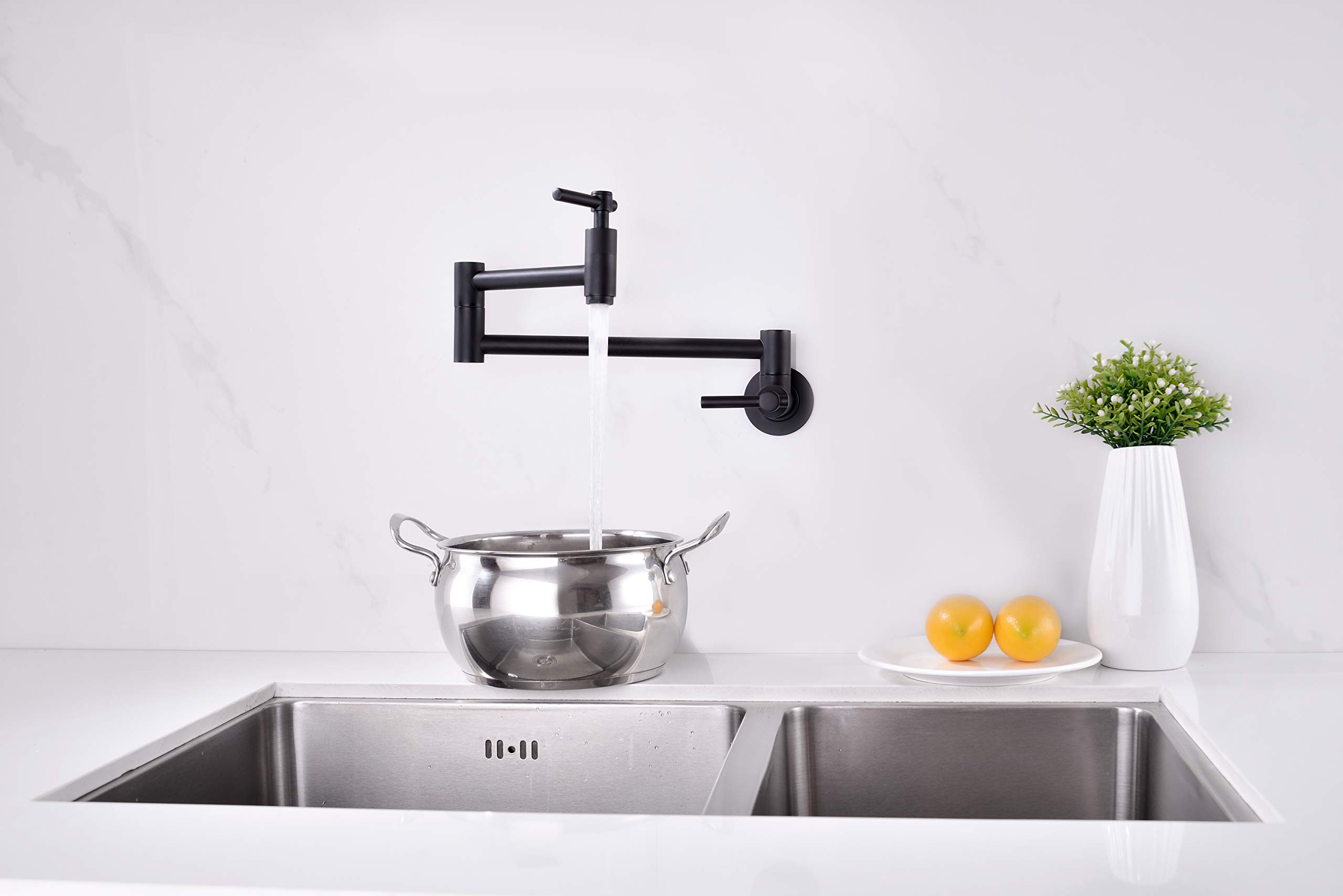 CAKIONG Matte Black Pot Filler Faucet Wall Mount Double Joint Swing Arm Folding Faucet Stretchable Brass Kitchen Faucet with Single Hole Two Handles