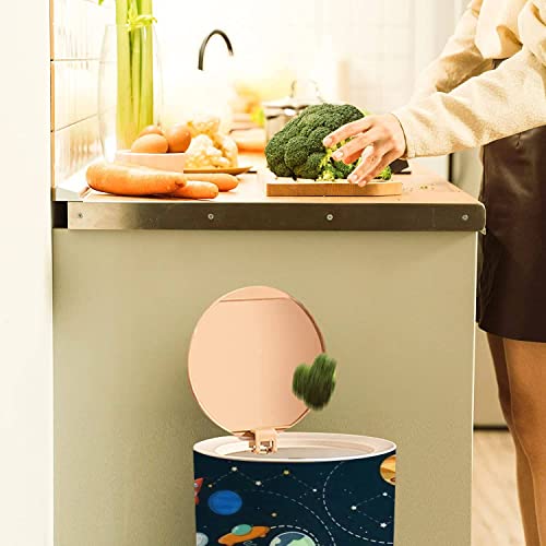 CAKOJV188 Round Trash Can with Press Lid Space Theme Solar System Kids Cartoon Planet Seamless Rocket UFO Small Garbage Can Trash