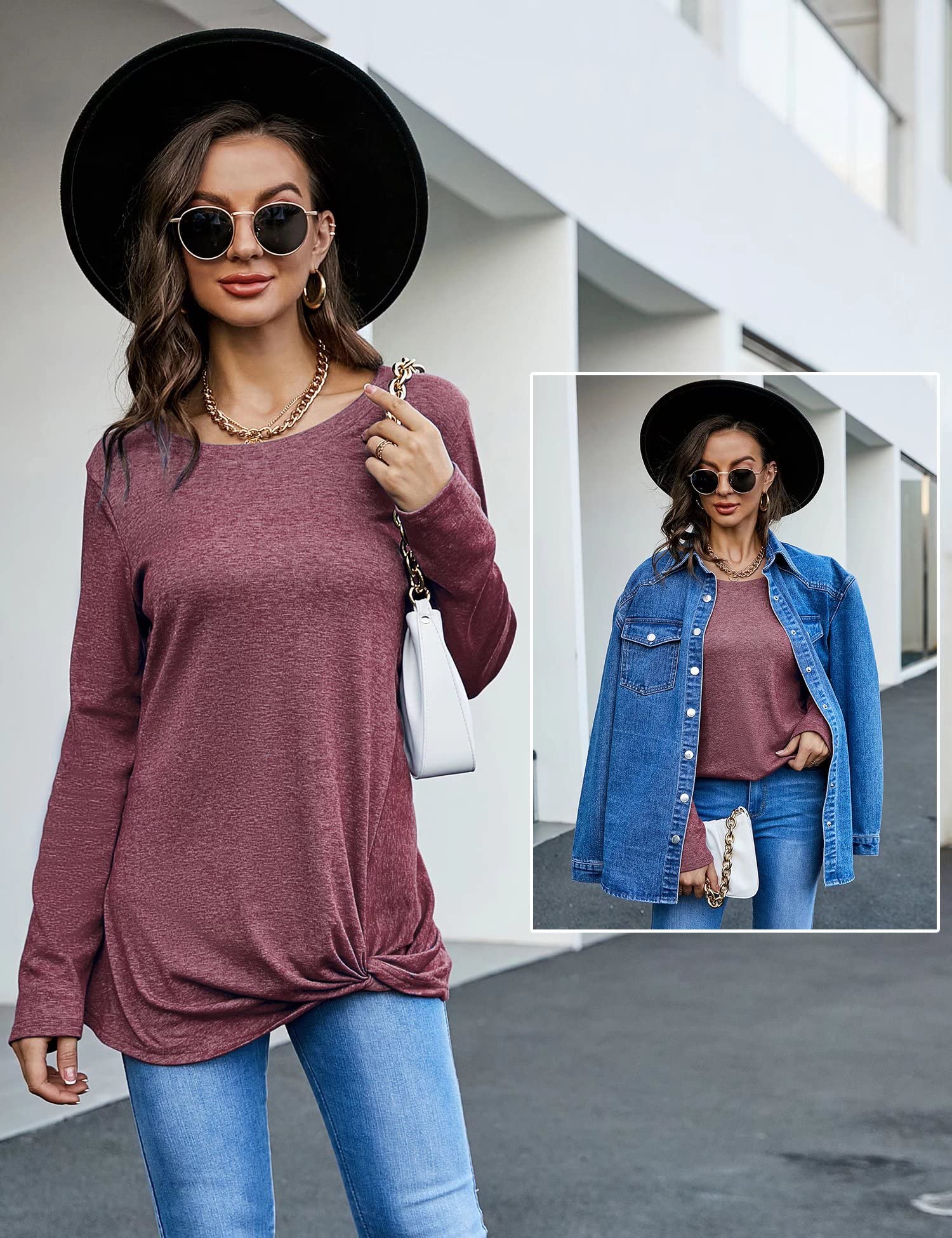Bloggerlove Shirts For Women Casual Solid Tunic Tops To Wear With Leggings Twist Knot Blouse Long Sleeve Fall Clothes Red M