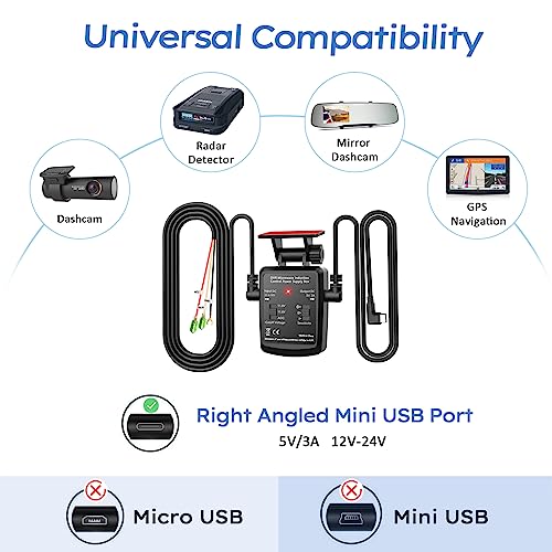 Dash Cam Hardwire Kit USB C Microwave Radar Sensing Dashcam Hardwiring Kit 12V-24V to 5V/3A Dash Camera Adapter Hardwire Charger Cable 11.5ft (Type C USB)