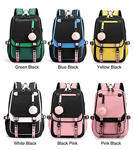 egen Kawaii Lightweight Schoolbag with USB Port USB Cable and Earphone Cord Set College Laptop Backpack Travel (Yellow Black,17 Inch)