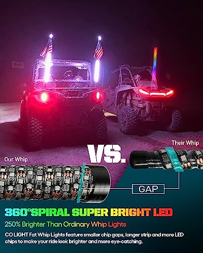 CO LIGHT Fat Spiral LED Whip Lights Thick Antenna 2FT Remote Control RGB Chasing/Dancing Light for UTV ATV 2PCS, APP-Supported 300 Colors & 200 Modes with Turn Signal, Brake Light, Reversing Light