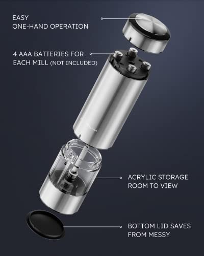 FORLIM Electric Salt and Pepper Grinder Set, Automatic Salt and Pepper Grinder Set, One Handed Operation Refillable Mill with Light, Adjustable Coarseness - 2 Mills